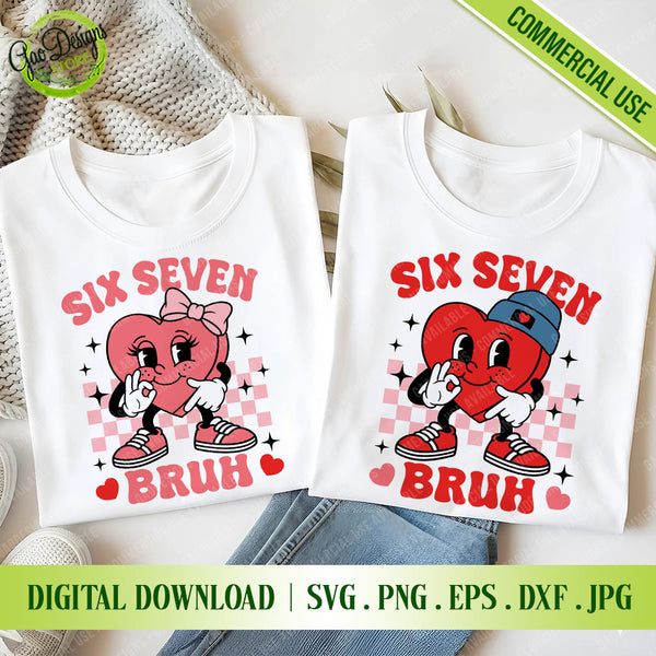 Six Seven Bruh SVG Bundle - Retro Heart Mascot Valentine Shirt (Boy & Girl)